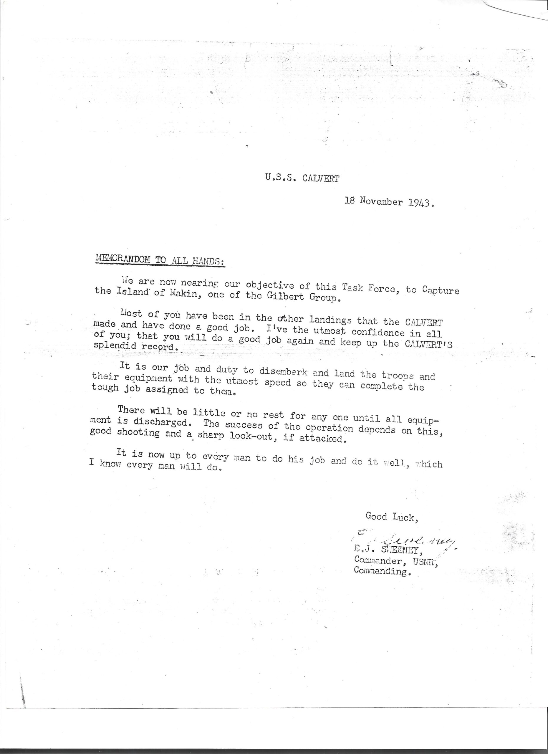 1943-11-18-Capatin Sweeney Letter to Crew-Giblerts Campaign | USS ...